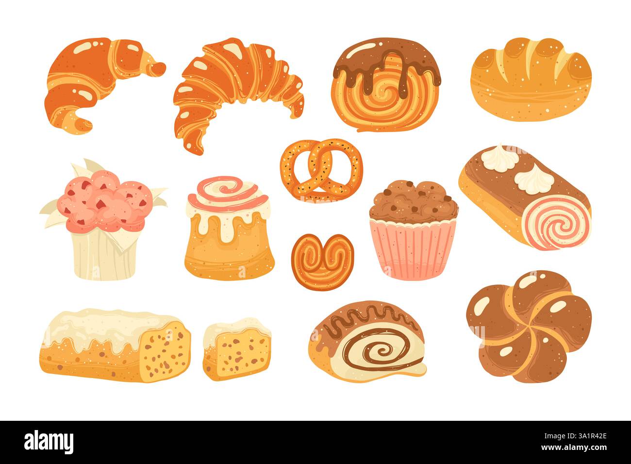 Pastries sweet buns cartoon hand drawn set. Various pastry bun muffin ...