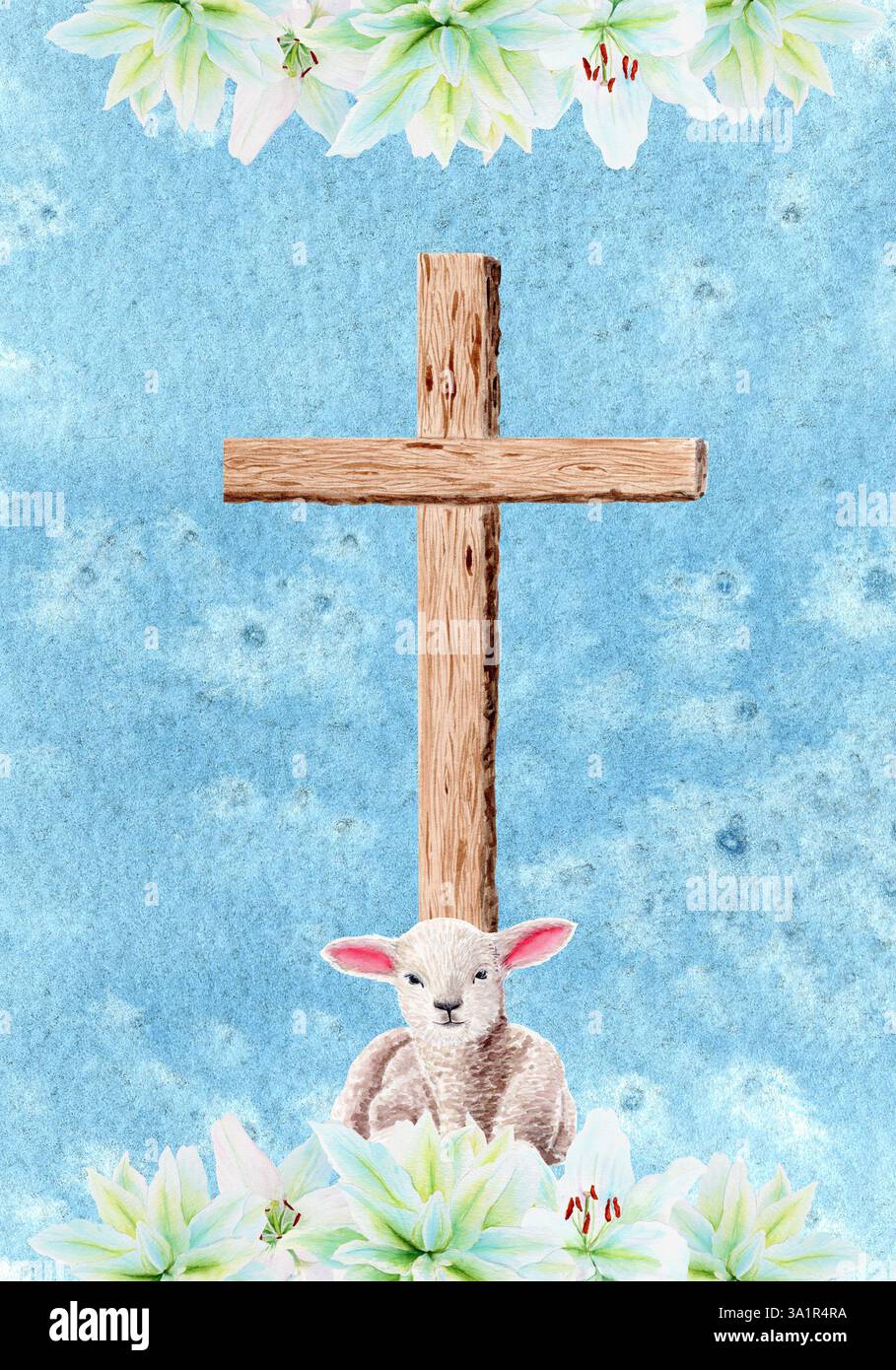 Wooden cross with lily garland and a lamb watercolor vertical ...