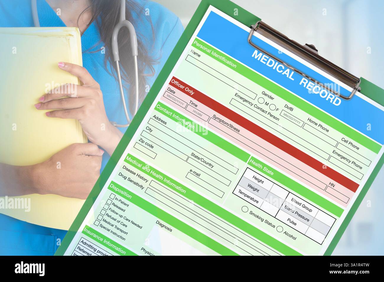 Medical record form on clipboard with female doctor holding folder at ...