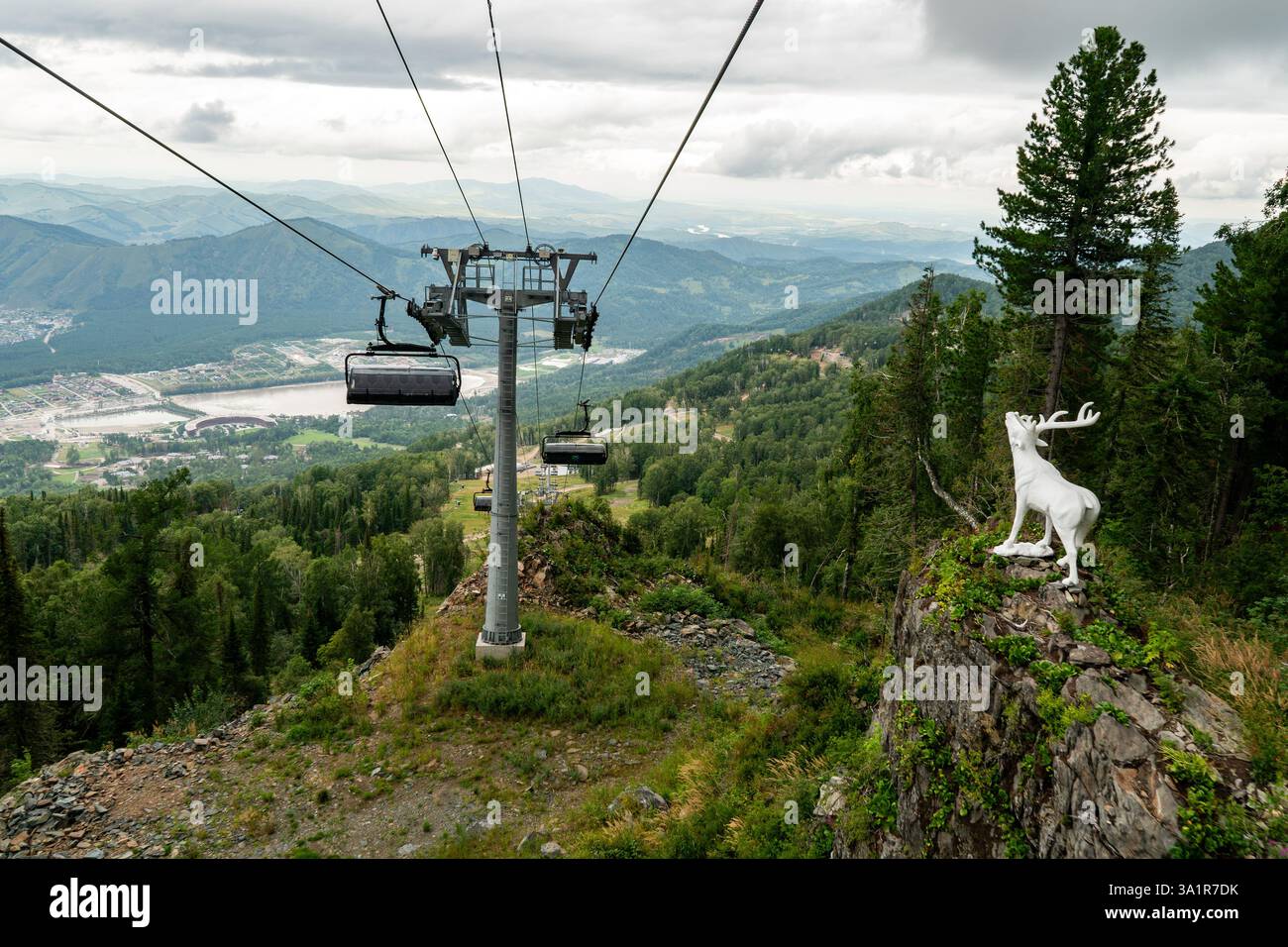 Summer view of the cable car to Mount Sinyukha. MANZHEROK, ALTAI ...