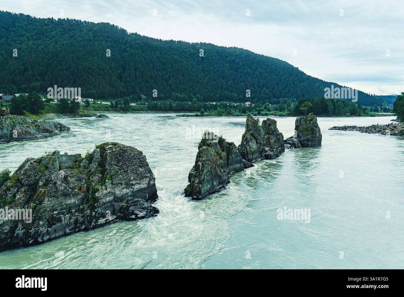 Picturesque summer landscape of fast mountain river with rocky islands ...