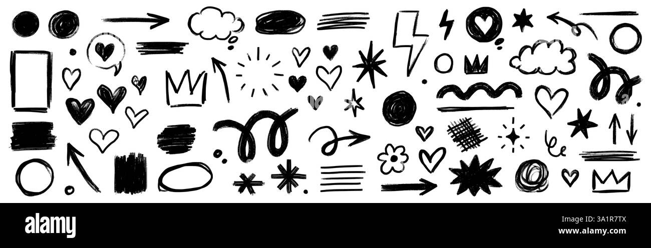 Crayon line kid pencil color brush hand drawn chalk vector element set ...