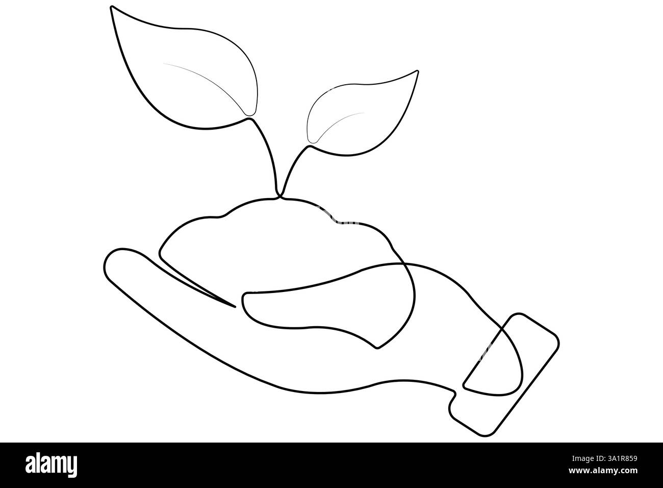 Human hand holding of soil with young sprout sketch continuous one line ...