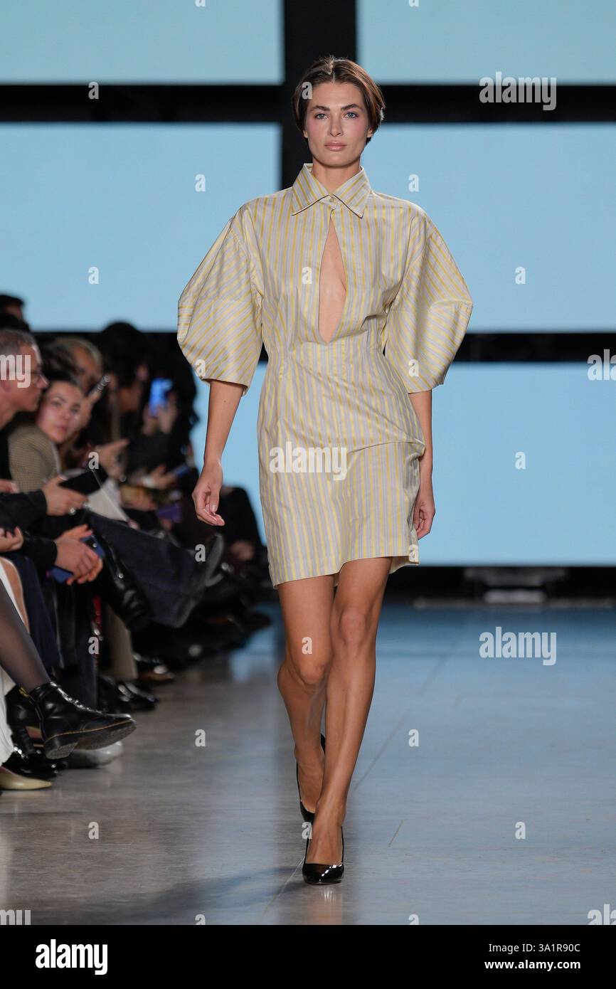 A model walks the runway during Luis Carvalho fashion show at ...