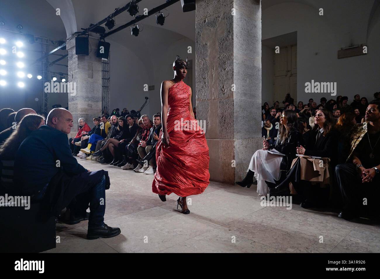 A model walks the runway during Kolovrat fashion show at ModaLisboa Capital, Lisbon Fashion Week ...
