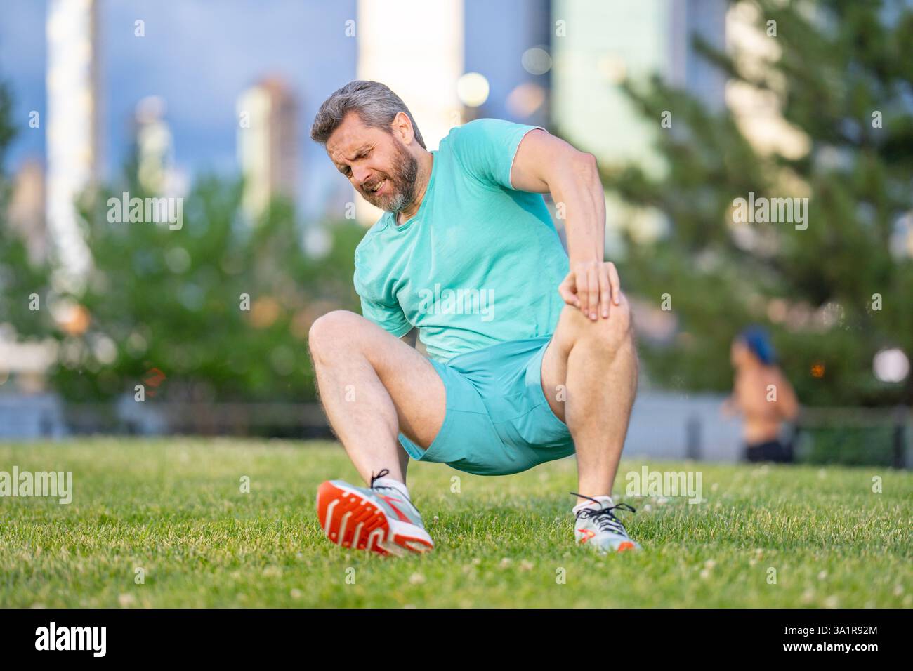 Knee pain after running. Man suffering from knee injury. Workout ...