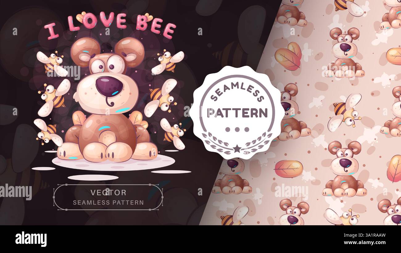 Seamless pattern cartoon character adorable bear with bee, pretty ...
