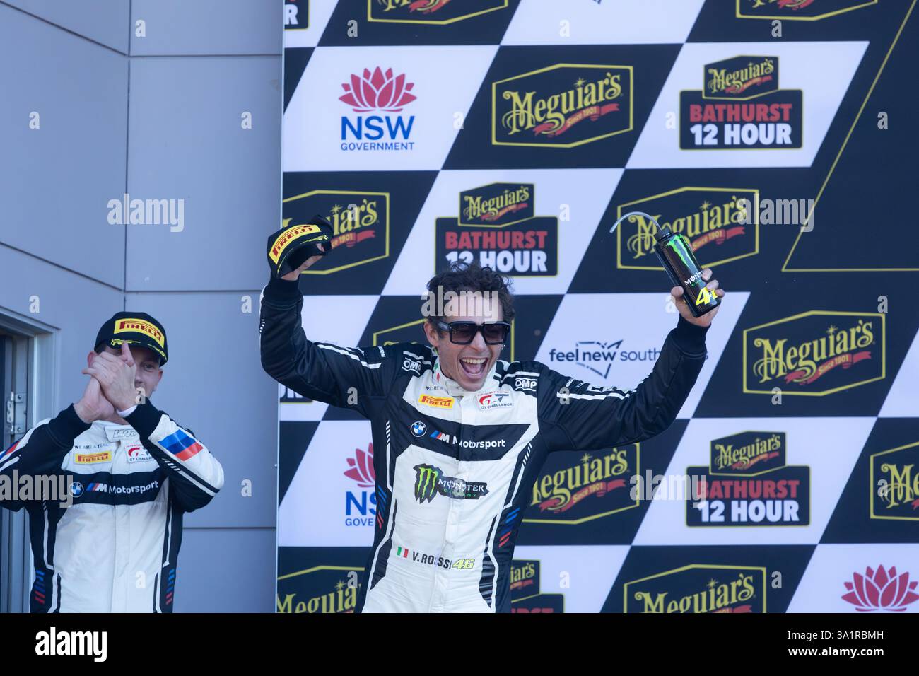 Bathurst, Australia, 2 February, 2025. Second place finisher V.Rossi/C. Weber's/R. Marciello ...