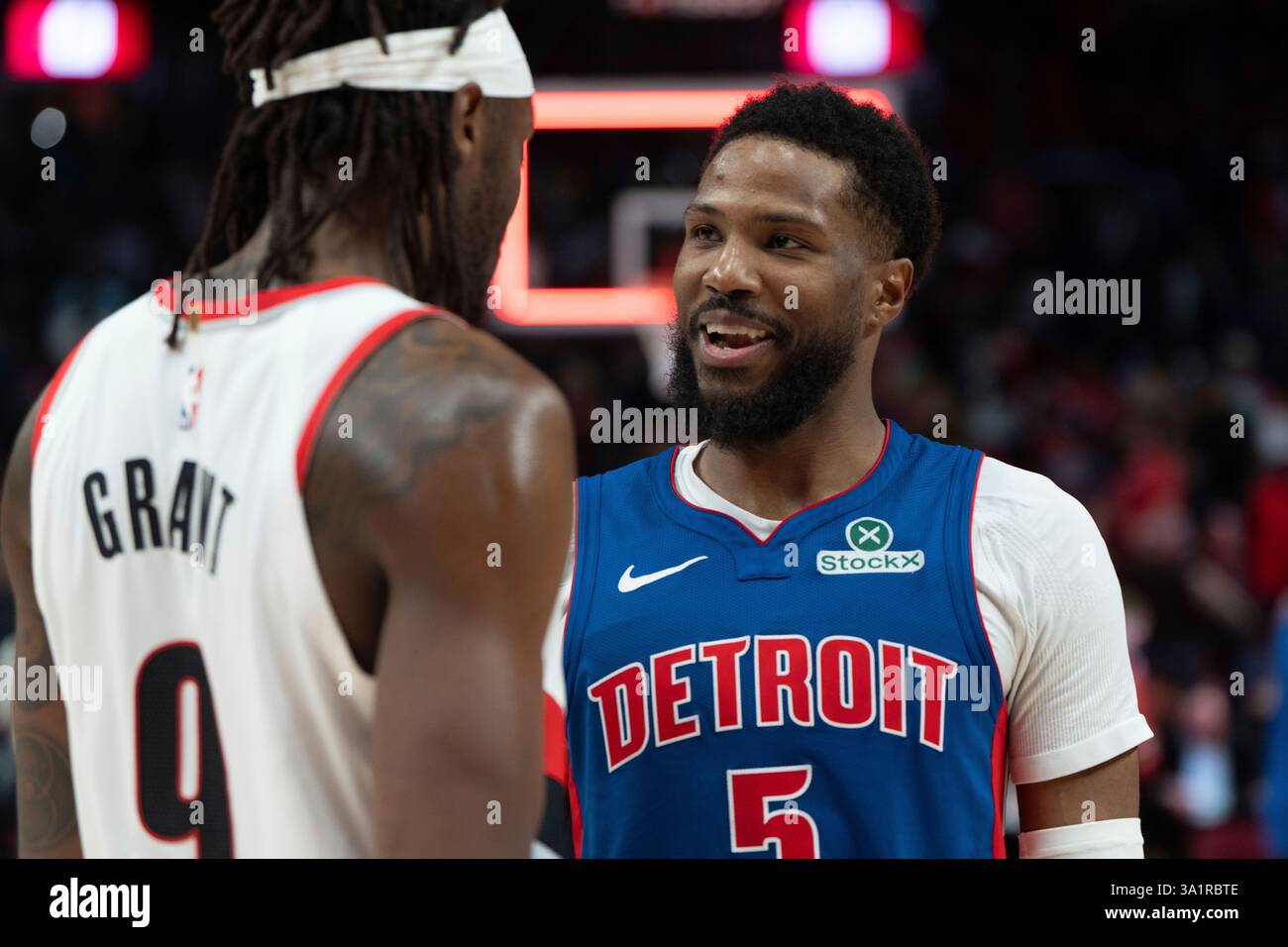 Portland Trail Blazers forward Jerami Grant (9) talks with Detroit ...