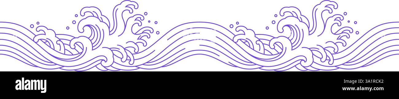 japanese sea wave seamless pattern hand drawn. oriental water form line ...