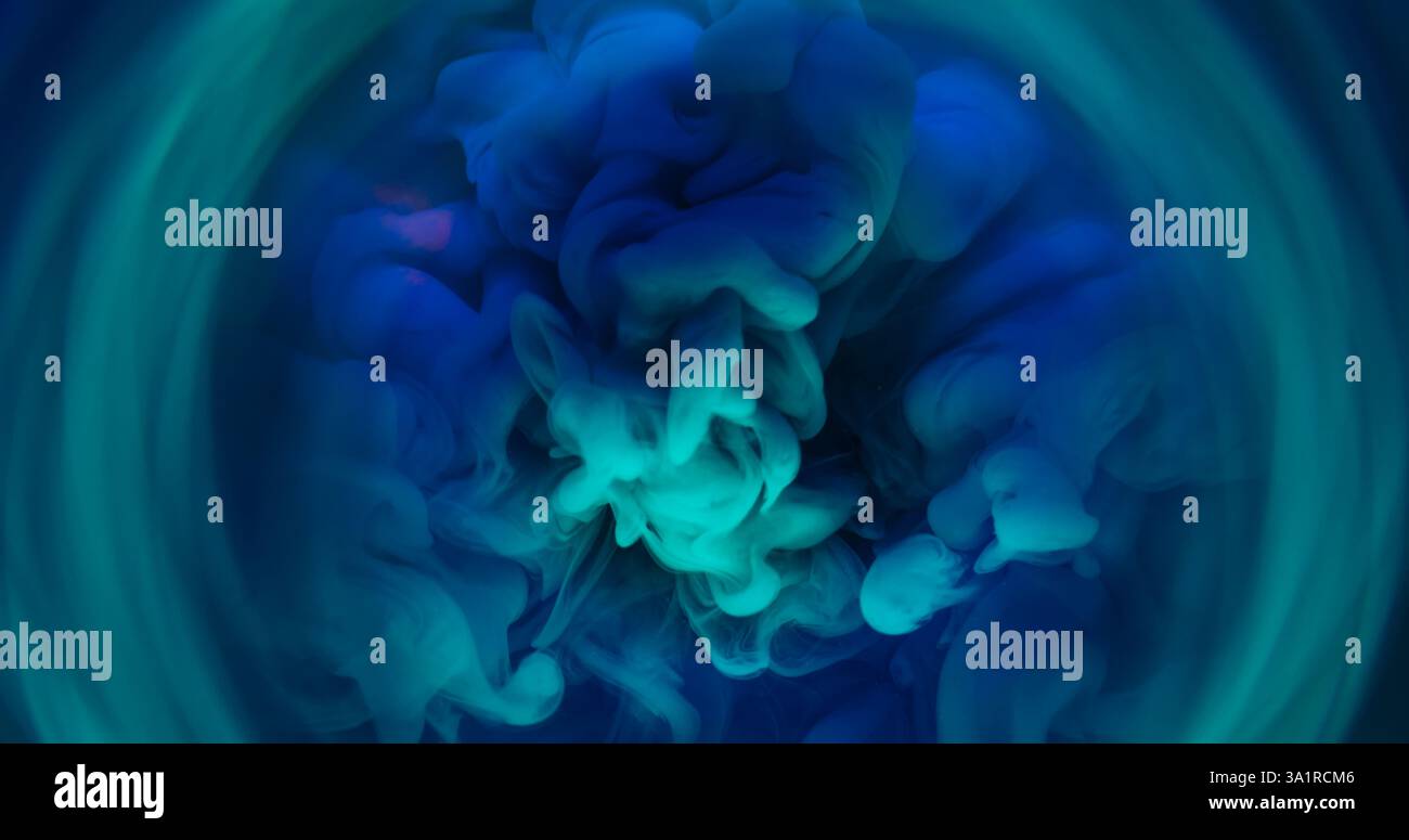 Fume explosion. Mist swirl. Colorful pigment ink wave mix spill. Blue ...