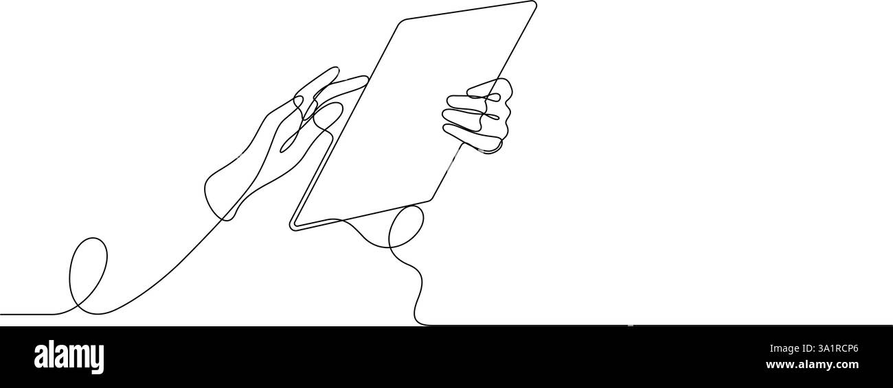 hand using tablet online working and communication one line drawing ...