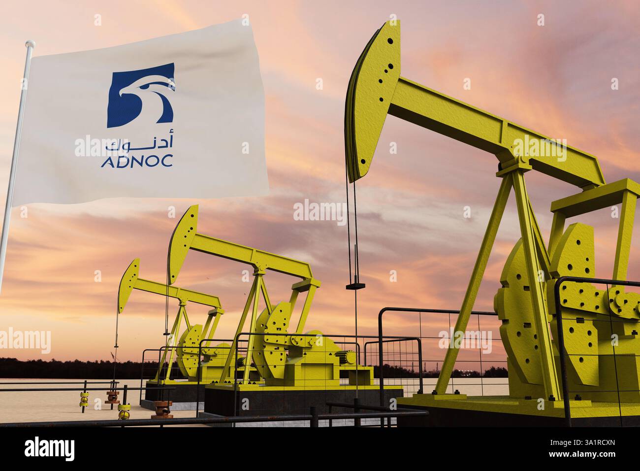 Nice pumpjack oil extraction and cloudy sky in sunset with the ADNOC ...