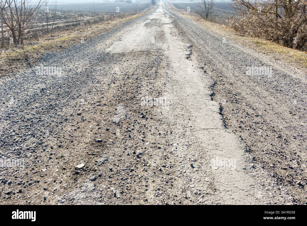 Long unpaved rural road with cracks and gravel, stretching into the ...