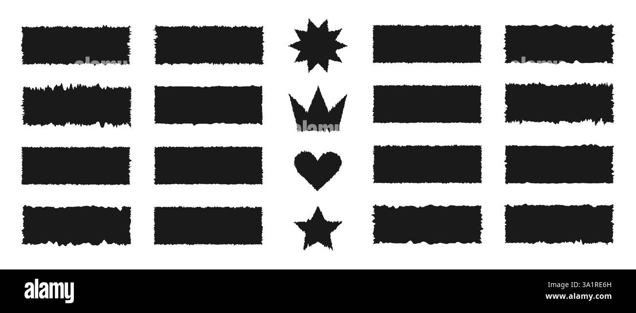 Jagged Rectangle. Black grunge frames. Square, heart, crown shaped with ...