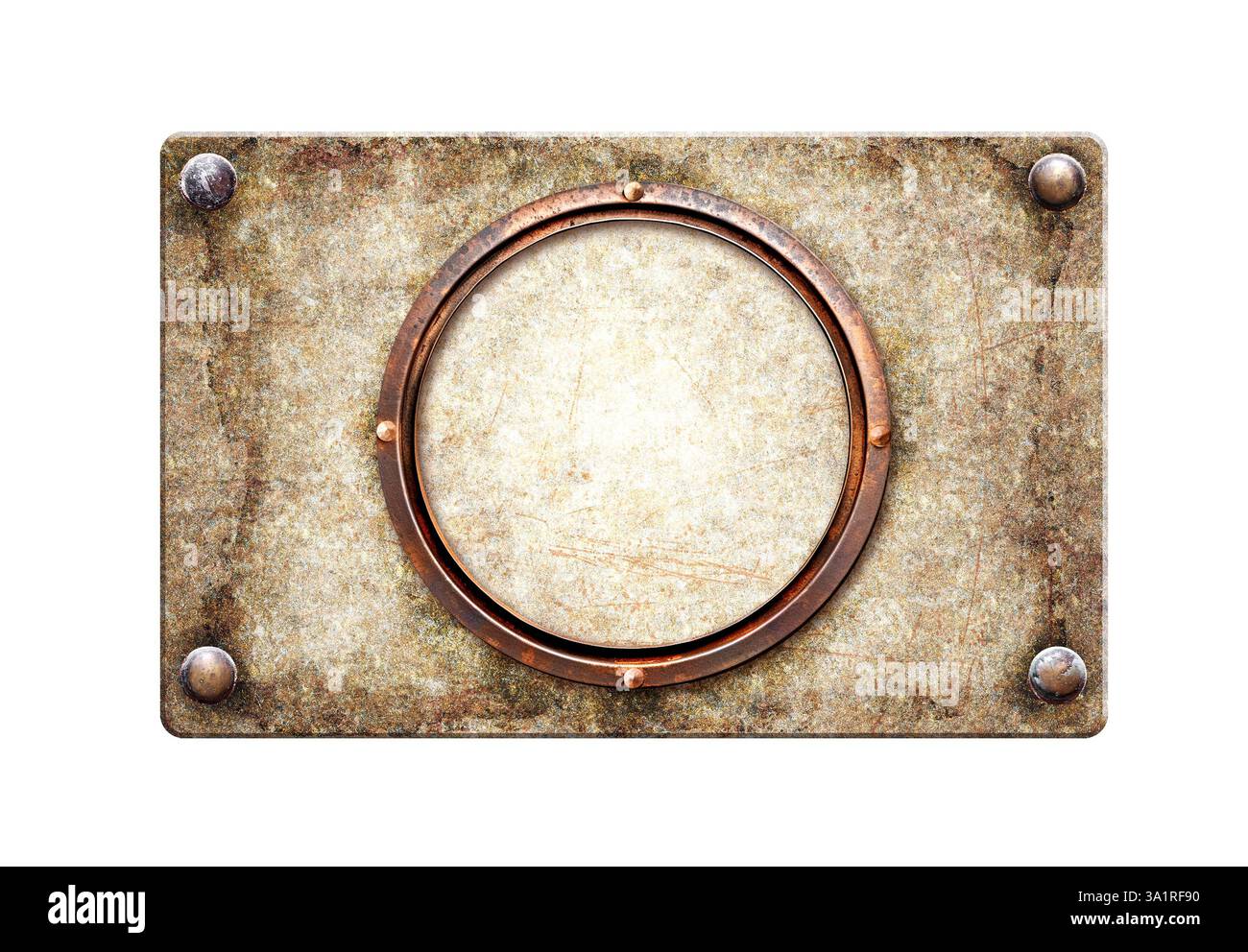 Old metallic plank with rivets and round frame. Vintage metal plate ...