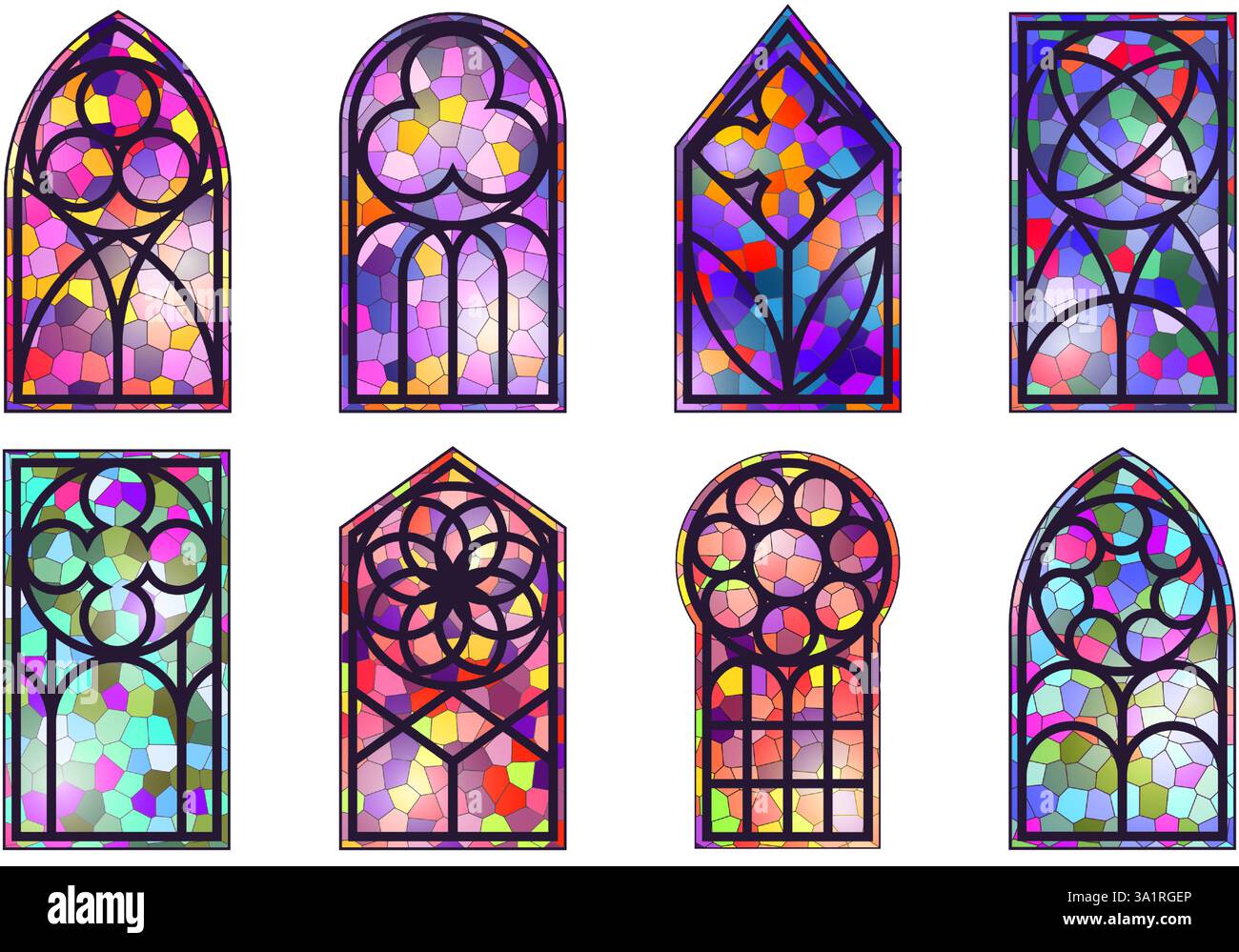 Church windows with stained glass arches. Cathedral frames with colored ...