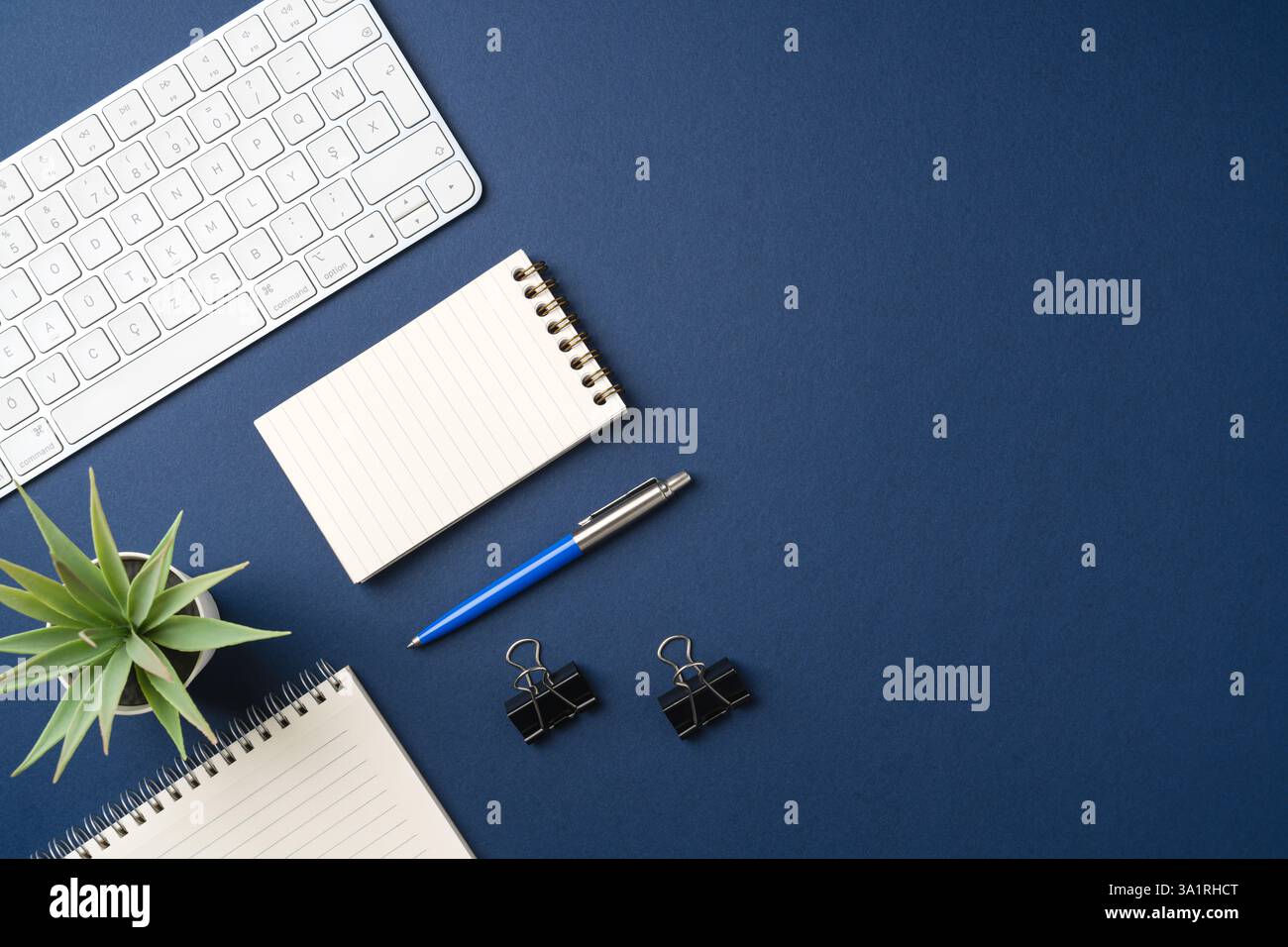 Workspace with keyboard, office supplies, pen, green leaf. Flat lay ...