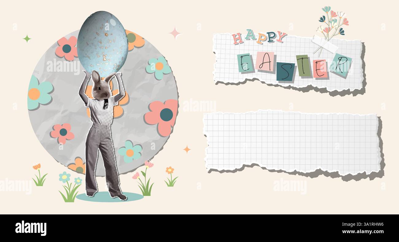 Collage whimsical Easter Bunny Holding Colorful Egg, Happy Easter ...