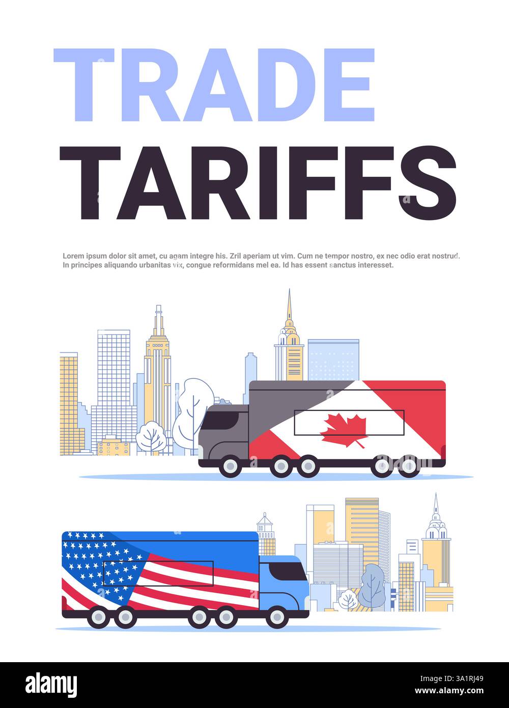 Trade tariffs concept trucks with flags cityscape background Canada USA ...