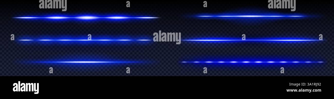 Neon laser beam set in vibrant blue color on transparent background. Multiple horizontal light ...