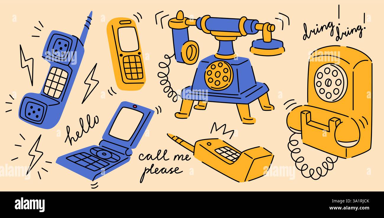 Vintage phones set isolated on background. Vector cartoon illustration ...