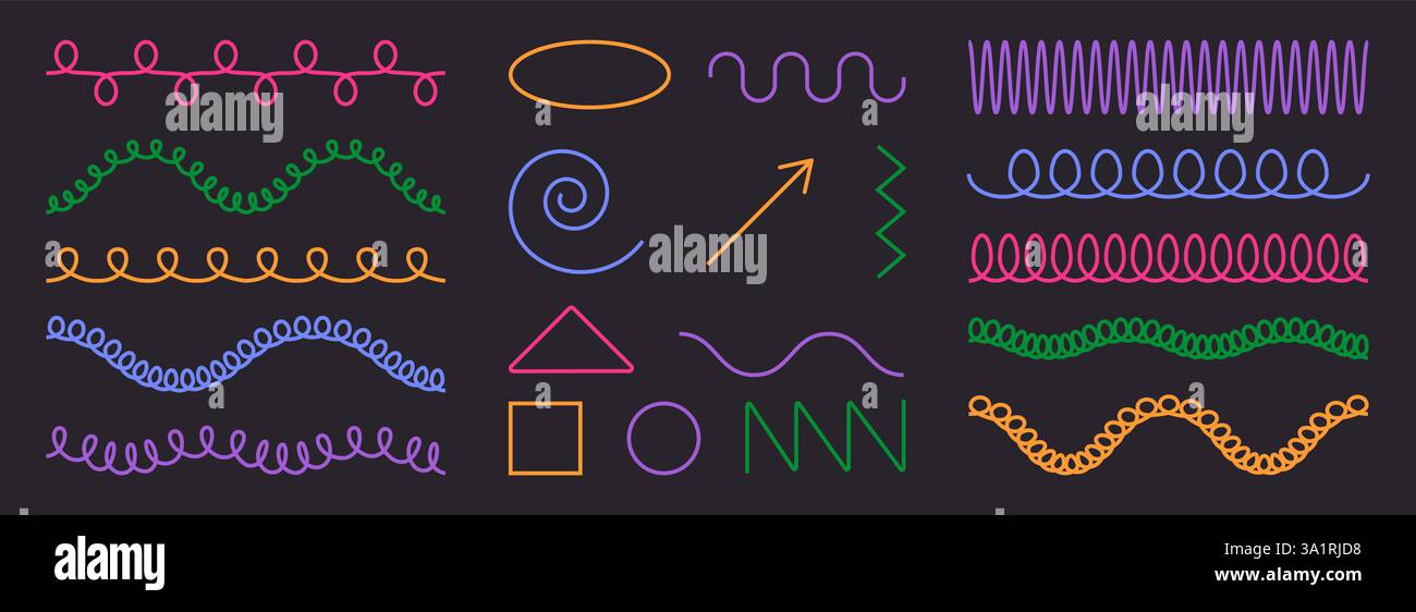 Colorful geometric spring coil line art collection - curly spirals and ...