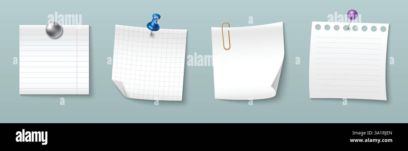 Paper stickers attached with pins and clips isolated on background ...