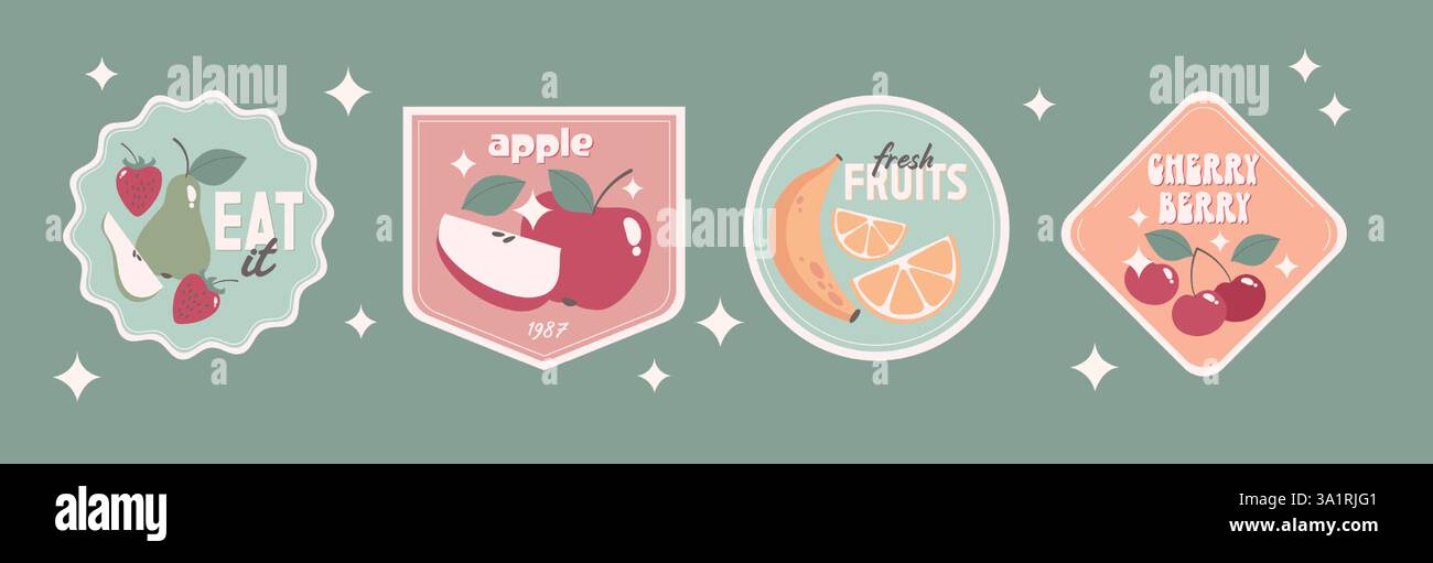 Retro fruit sticker set with apple, cherry, pear illustration - vintage ...