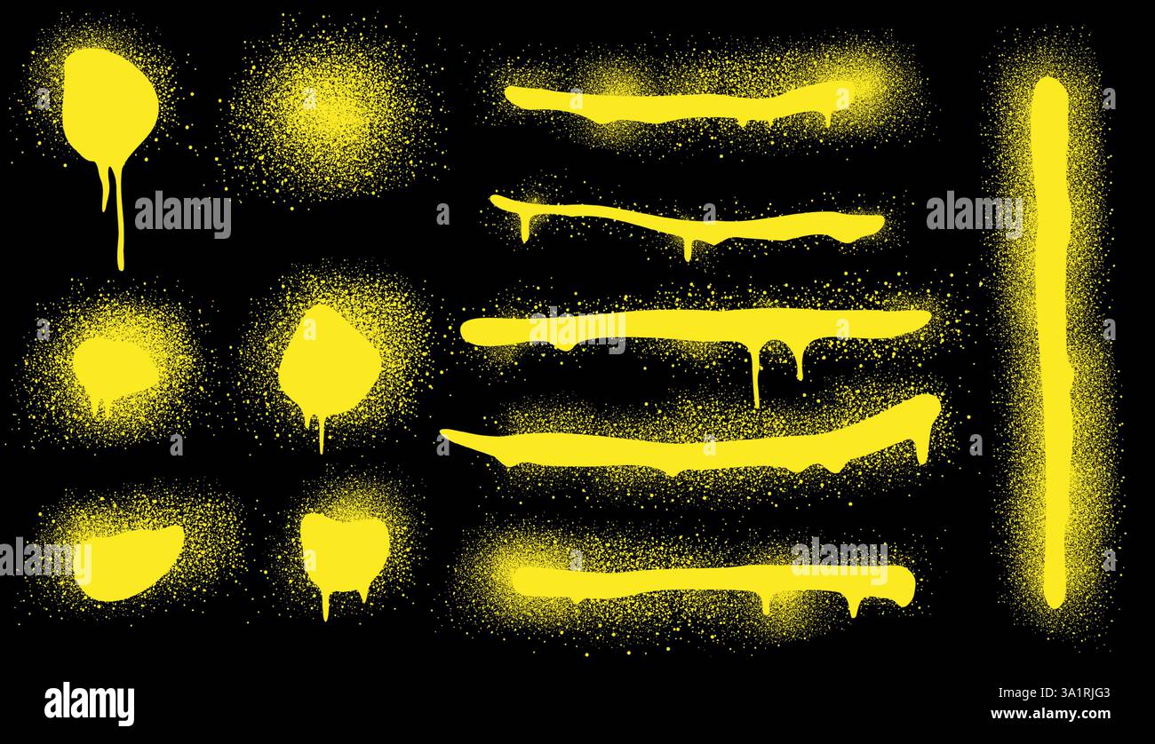 Yellow spray paint splatters and drips on black background. Graffiti ...
