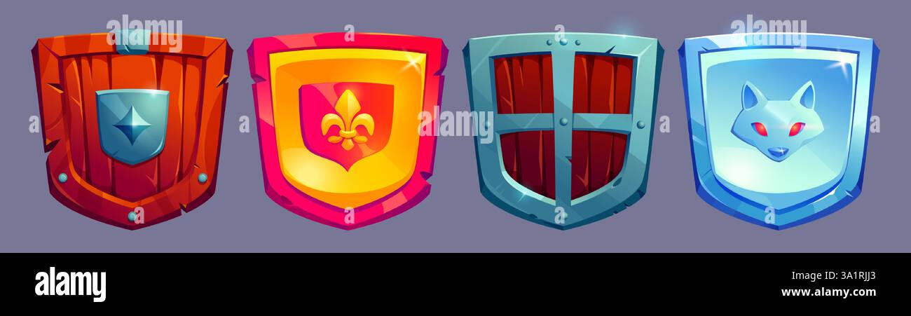 Medieval shields set isolated on gray background. Vector cartoon ...