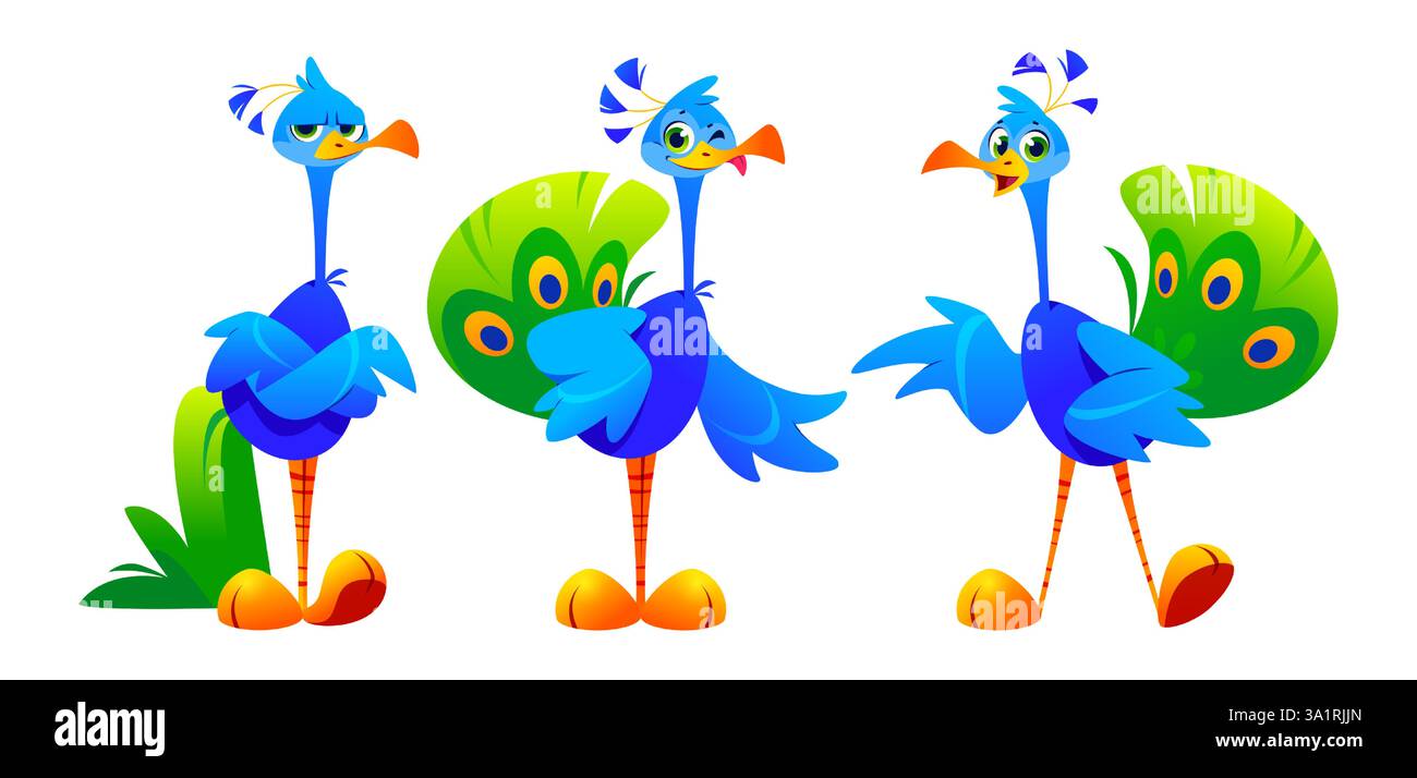 Cute peacock mascots set isolated on white background. Vector cartoon ...