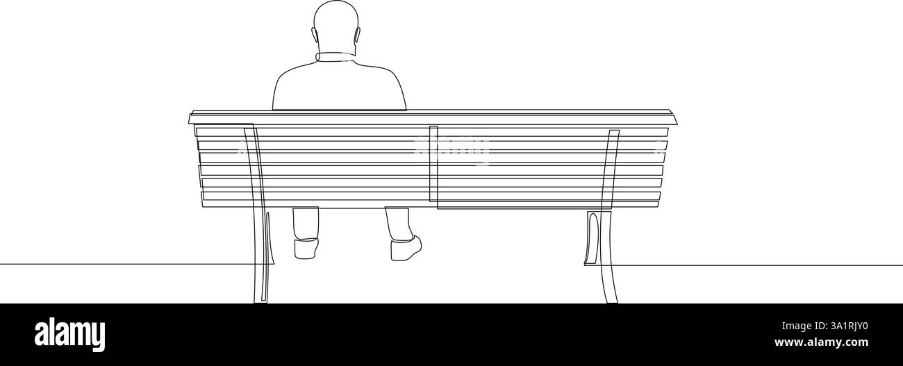 Man sitting alone on bench continuous line drawing, back view. One line ...