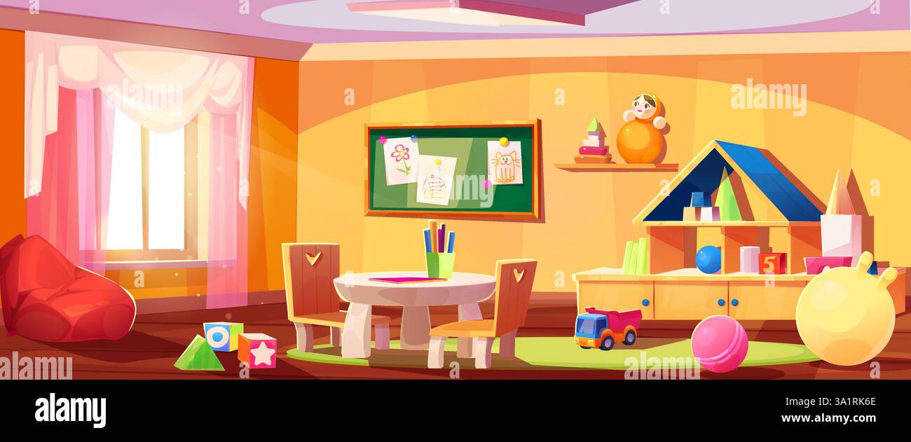 Kindergarten room with yellow walls and wooden floor. Bright interior ...