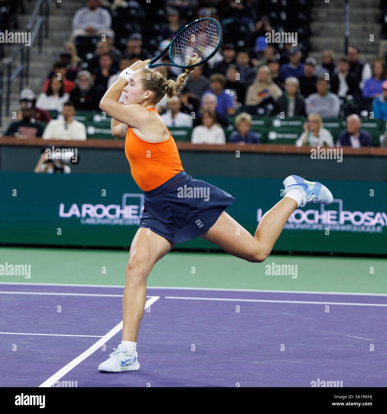 March 9, 2025: Mirra Andreeva hits a shot during her match against Clara Tauson (DEN) in round 3 ...