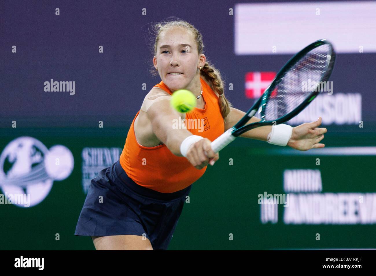 March 9, 2025: Mirra Andreeva hits a shot during her match against Clara Tauson (DEN) in round 3 ...