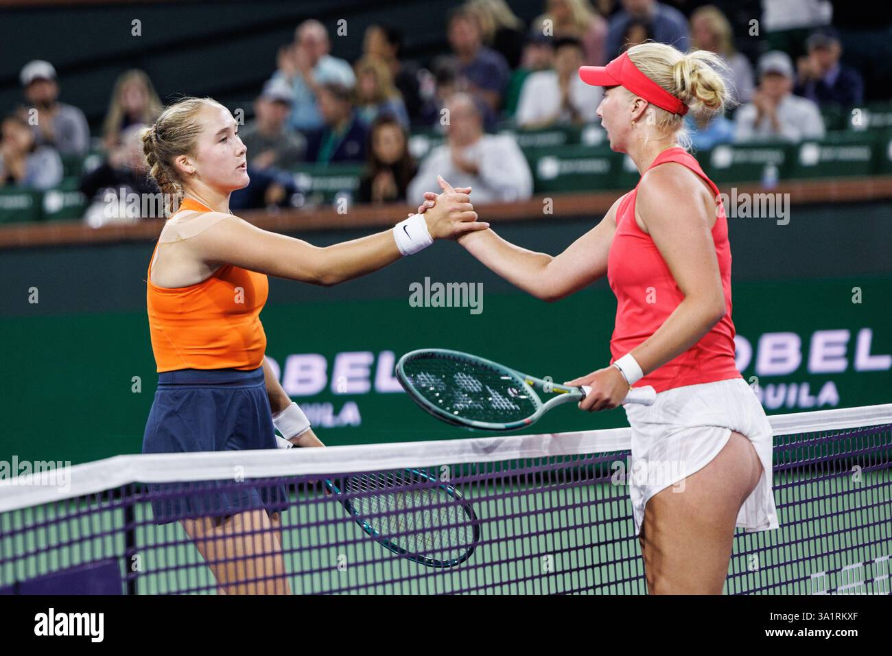 Indian Wells, California, USA. 9th Mar, 2025. Mirra Andreeva and Clara Tauson (DEN) shake hands ...