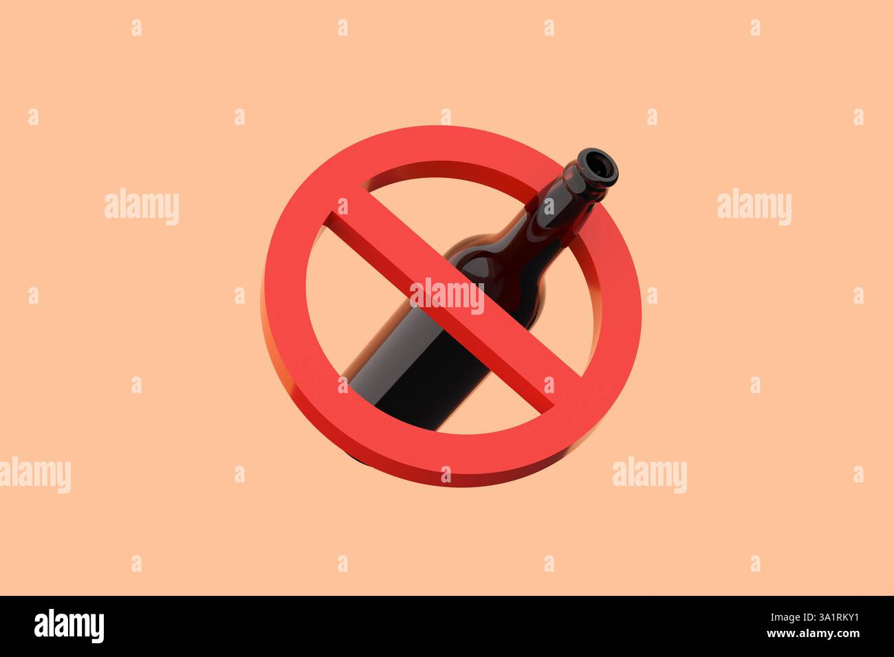 3d illustration of a dark glass beer bottle with a red prohibition sign ...