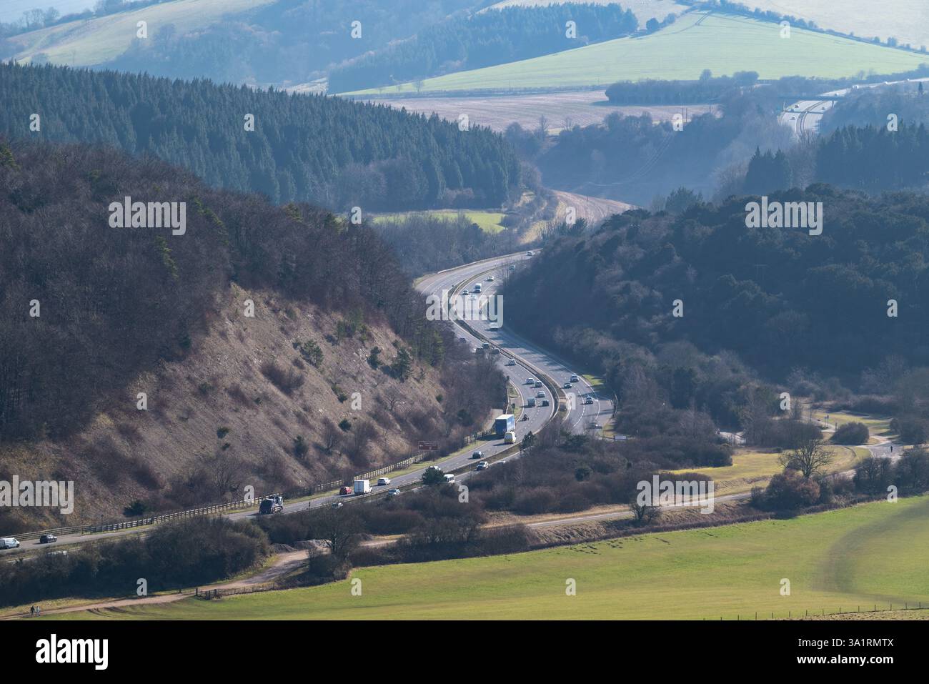 Looking down on the A3 road near Queen Elizabeth country park winding ...