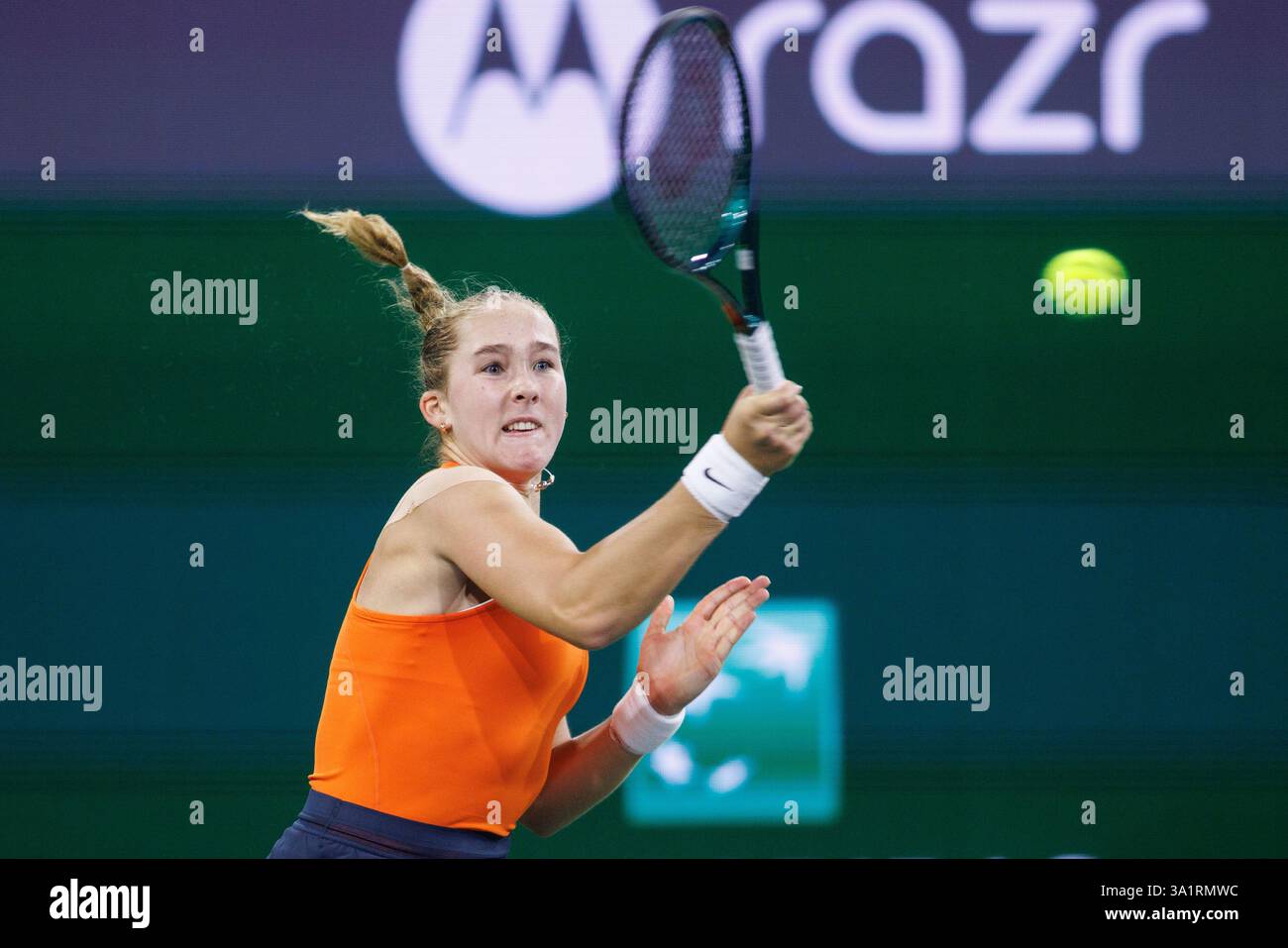 Indian Wells, California, USA. 9th Mar, 2025. Mirra Andreeva hits a shot during her match ...