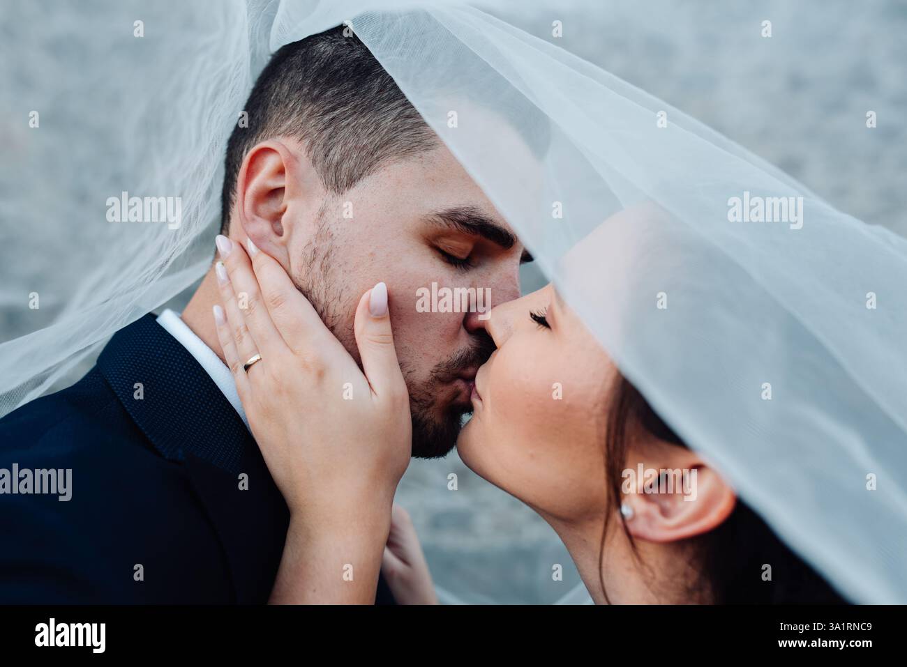Portrait of beautiful bride and groom kissing under the veil Stock ...