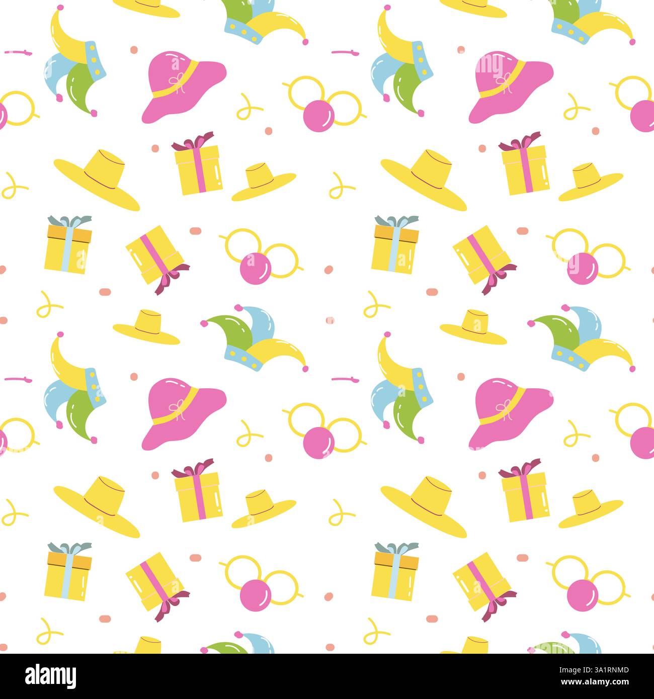 Colorful carnival pattern with hats, gifts, sunglasses, and arrows on ...