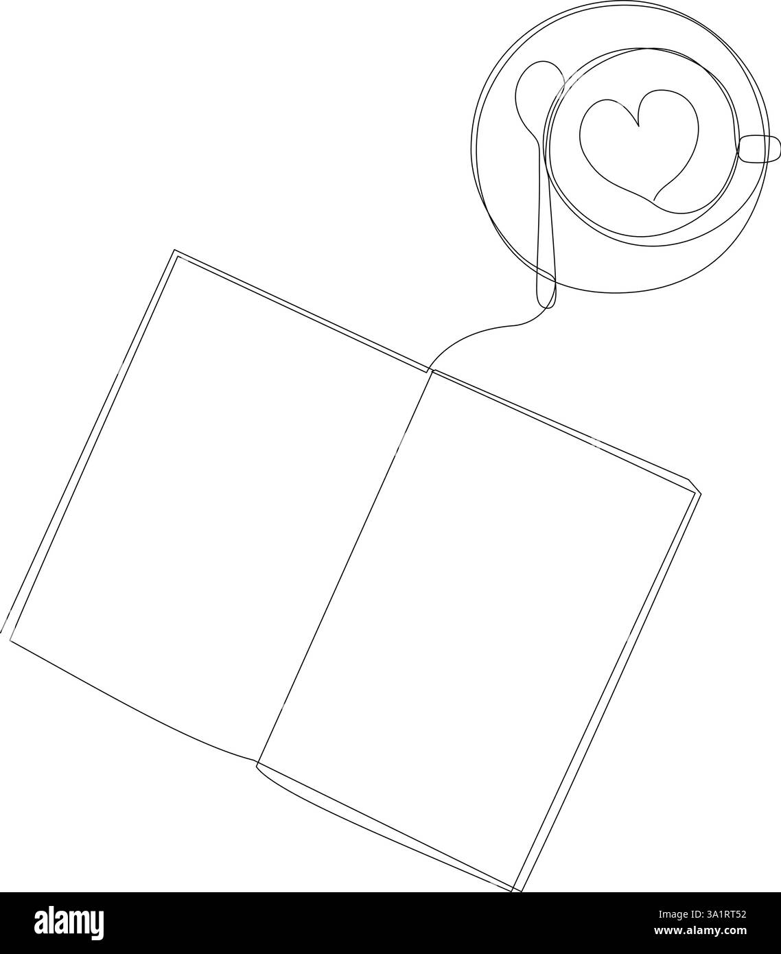 Opened book and cup of coffee with heart shape in continuous one line ...