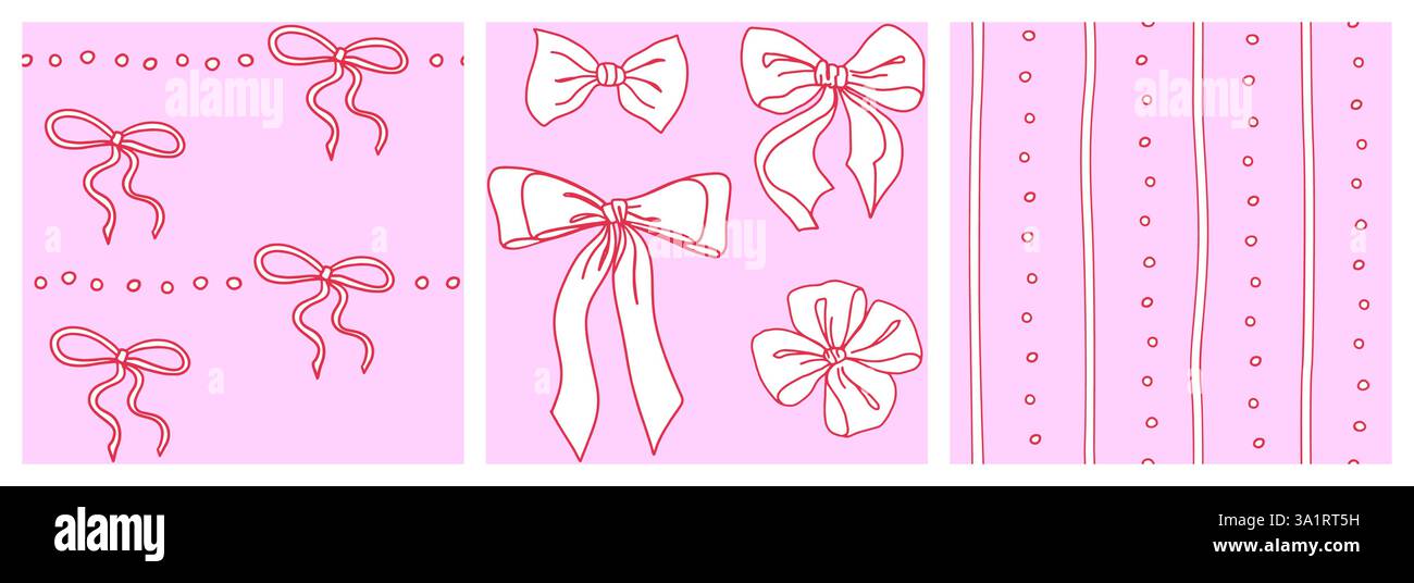 Coquette seamless pattern set. Pretty Girly Bows, Lines and Dots on ...