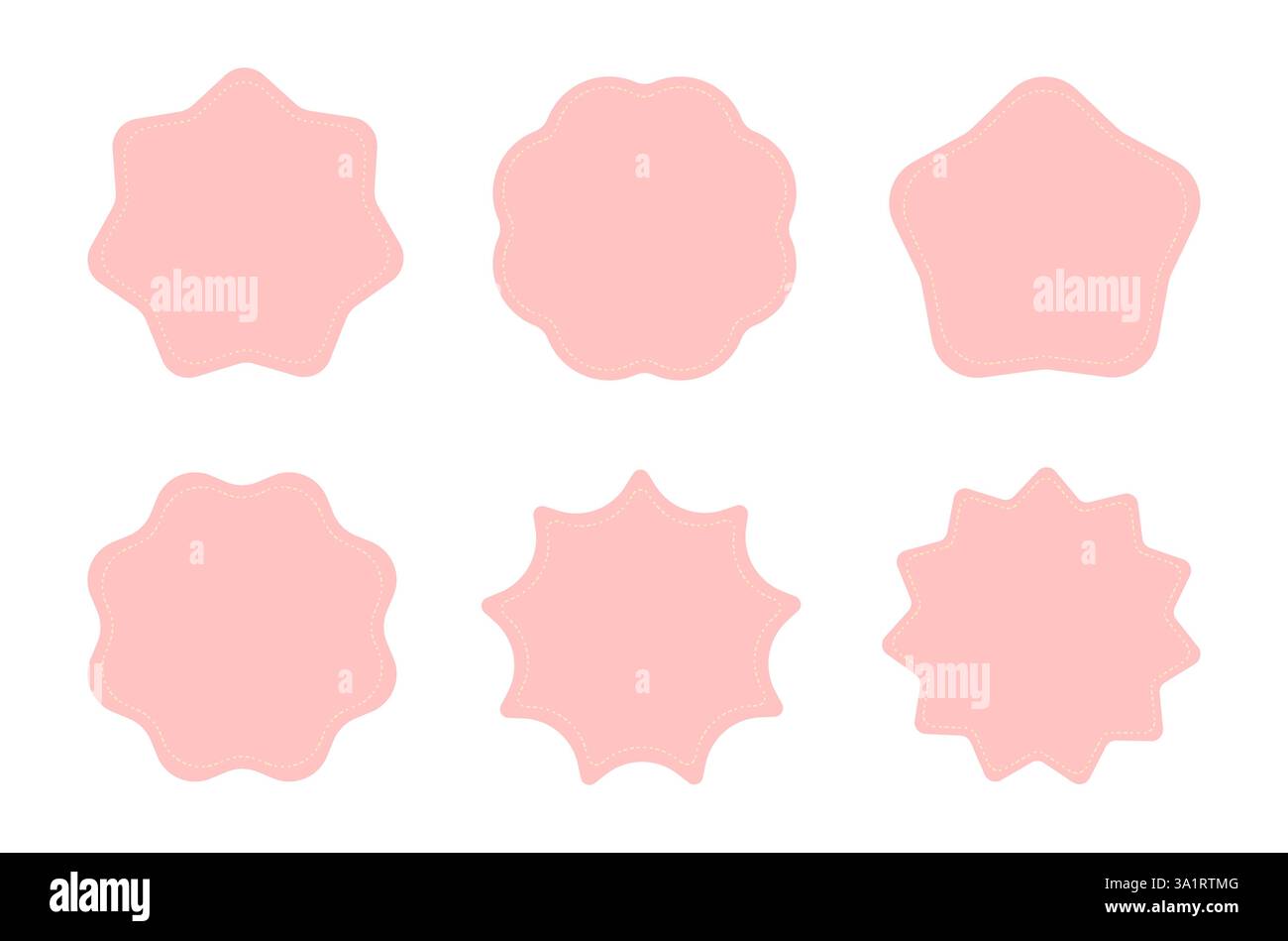 Set of six pink blank badge shapes with wavy and star edges isolated on ...