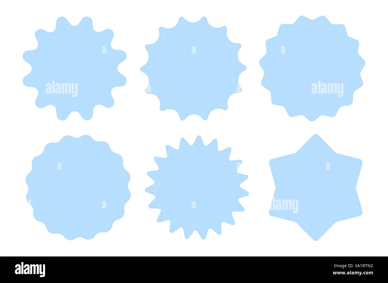 Set of six blue blank badge shapes with wavy and star edges isolated on ...