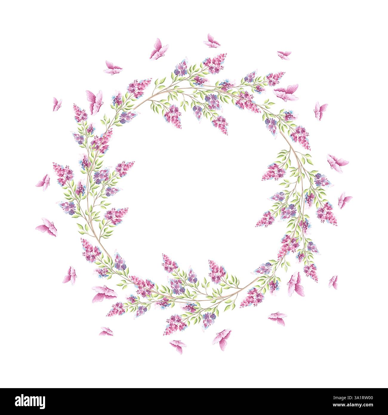 Lilac flowers sprig with green leaves and butterflies. Spring wreath ...