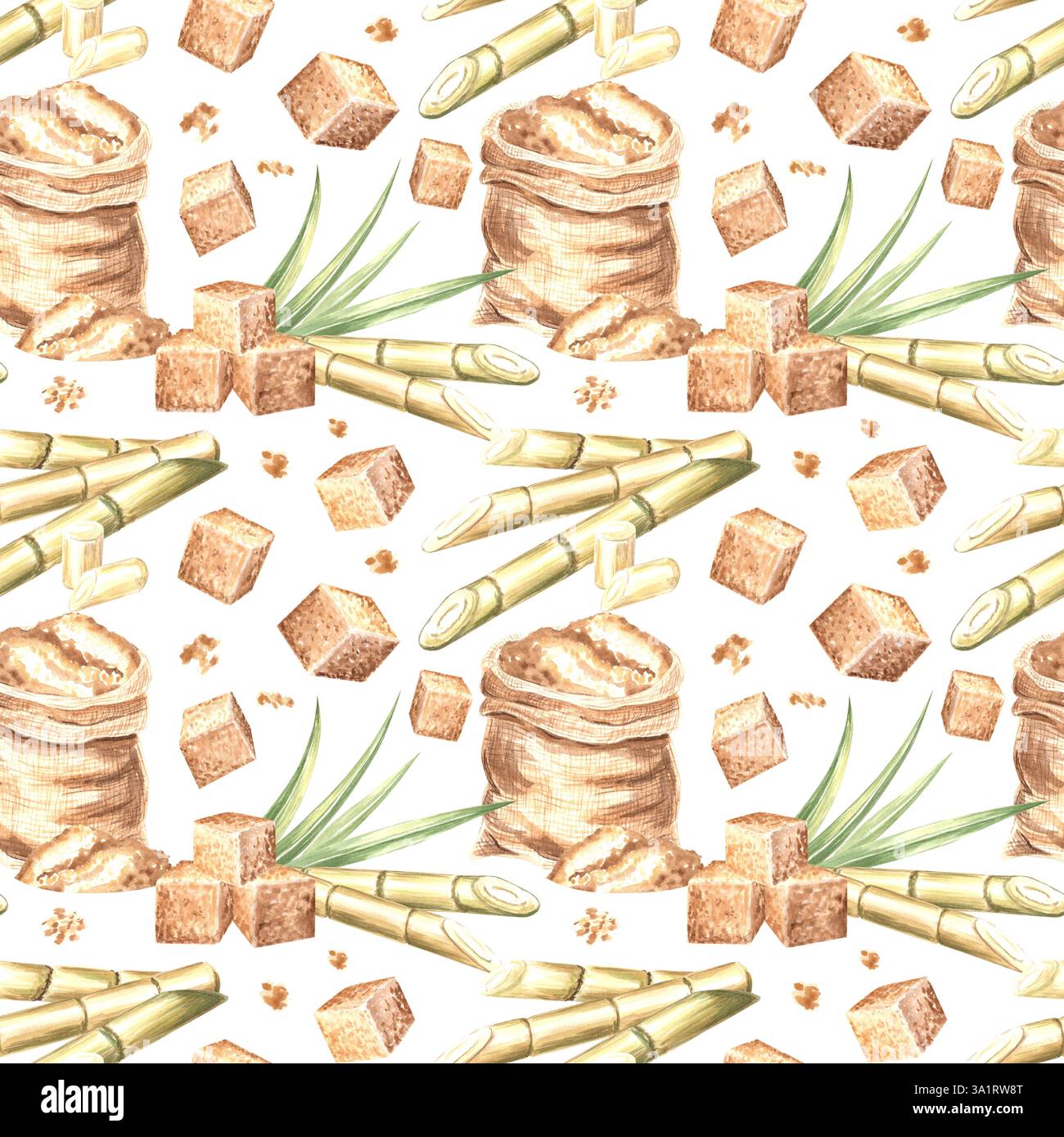 Brown sugar cubes and shugar cane, jute sack. Seamless pattern of ...