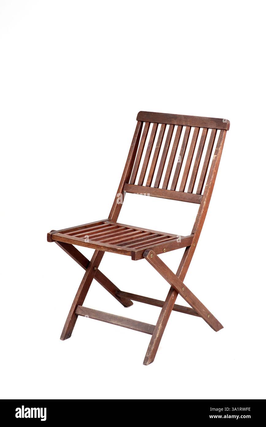 Wooden folding chair isolated on a white background. Vintage rustic ...