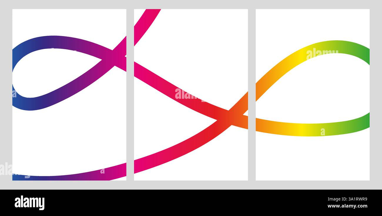 Abstract triptych with intersecting wavy rainbow gradient lines on white background. Modern ...